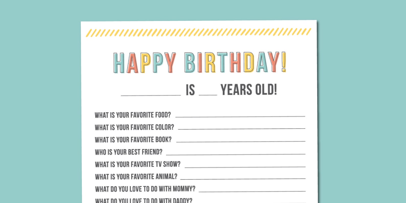 Birthday Questionnaire PRINTABLE Instant Download Birthday - Etsy