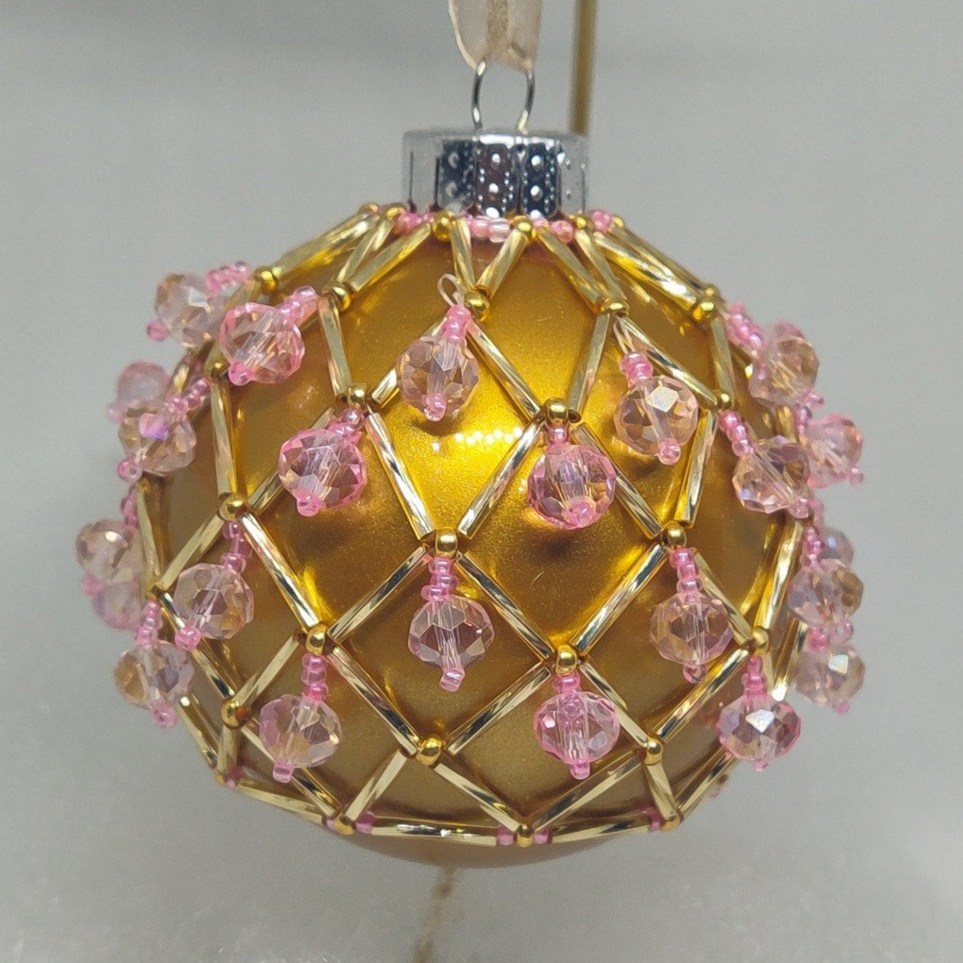 Gold and Pink Glass Beaded Ball Ornament - Etsy