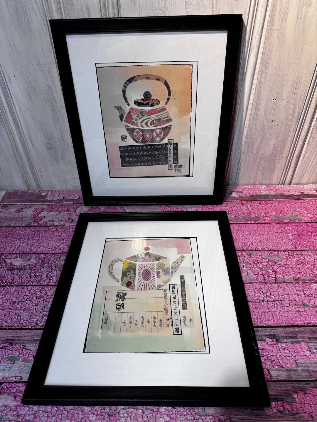 Two Piece Art Set Framed Teapot Prints Jasmine Green Tea Vintage Wall ...