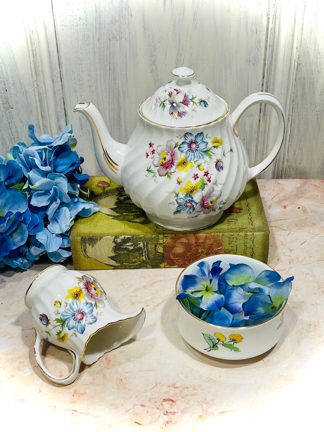Bouquet of Blue Yellow by ROYAL TUSCAN Tea Set Teapot and Creamer With ...