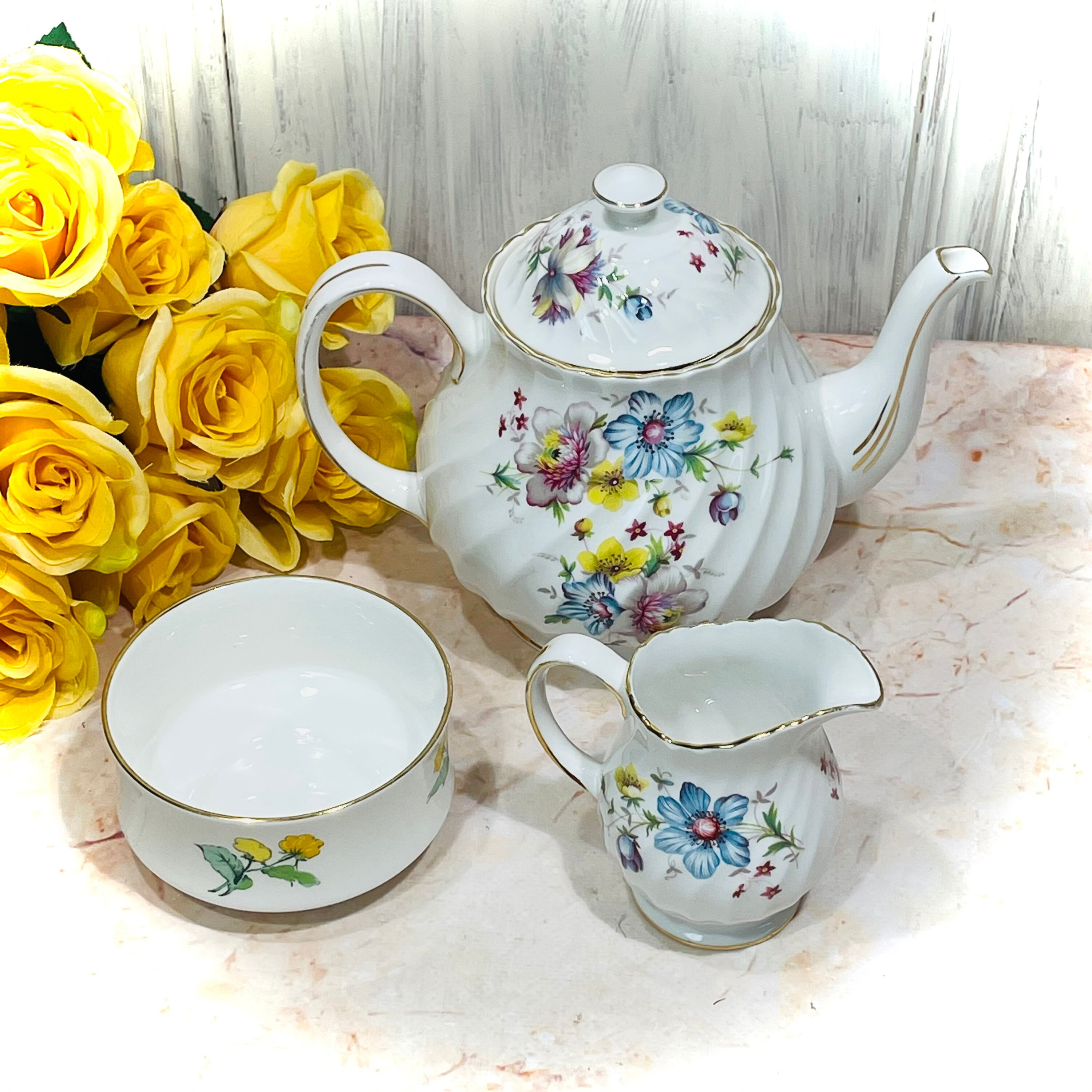 Bouquet of Blue Yellow by ROYAL TUSCAN Tea Set Teapot and | Etsy