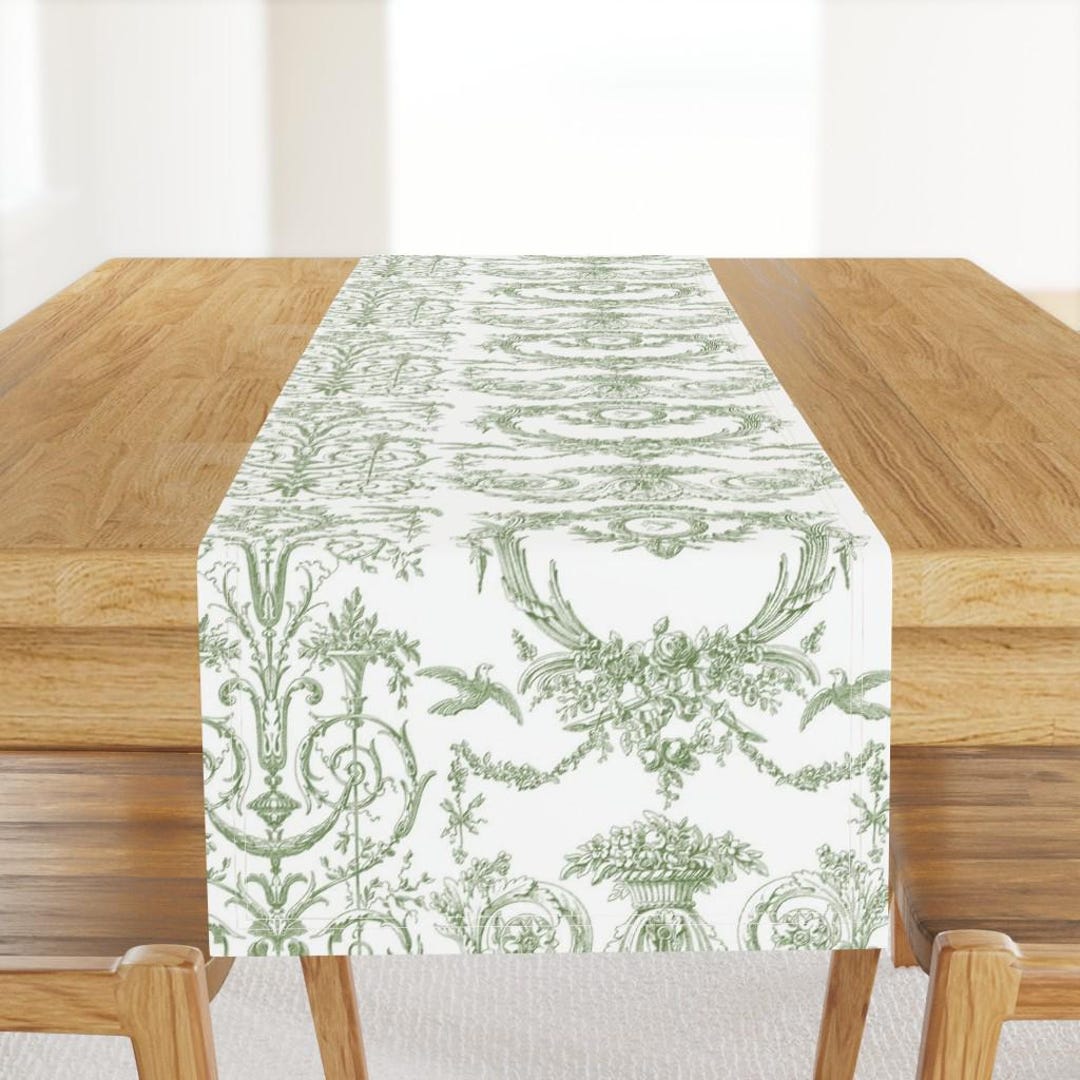 Green Damask Toile Table Runner - Green and White Romantic Rococo ...