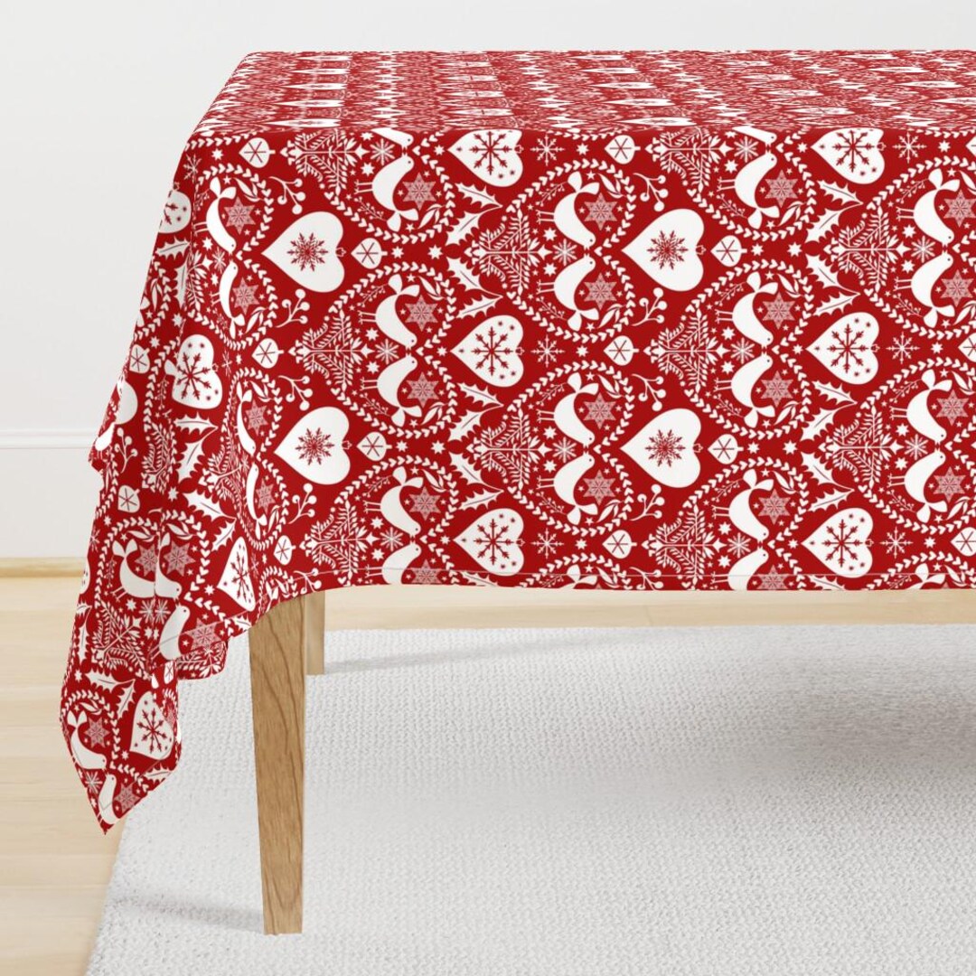 Scandinavian Christmas Tablecloth – Folk Art Birds Hearts, Cotton ...