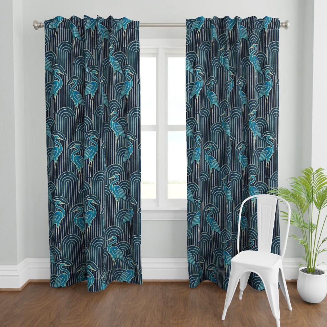 Teal Crane Curtain Panel - Bold Large Scale Art Deco Blue Birds Modern ...