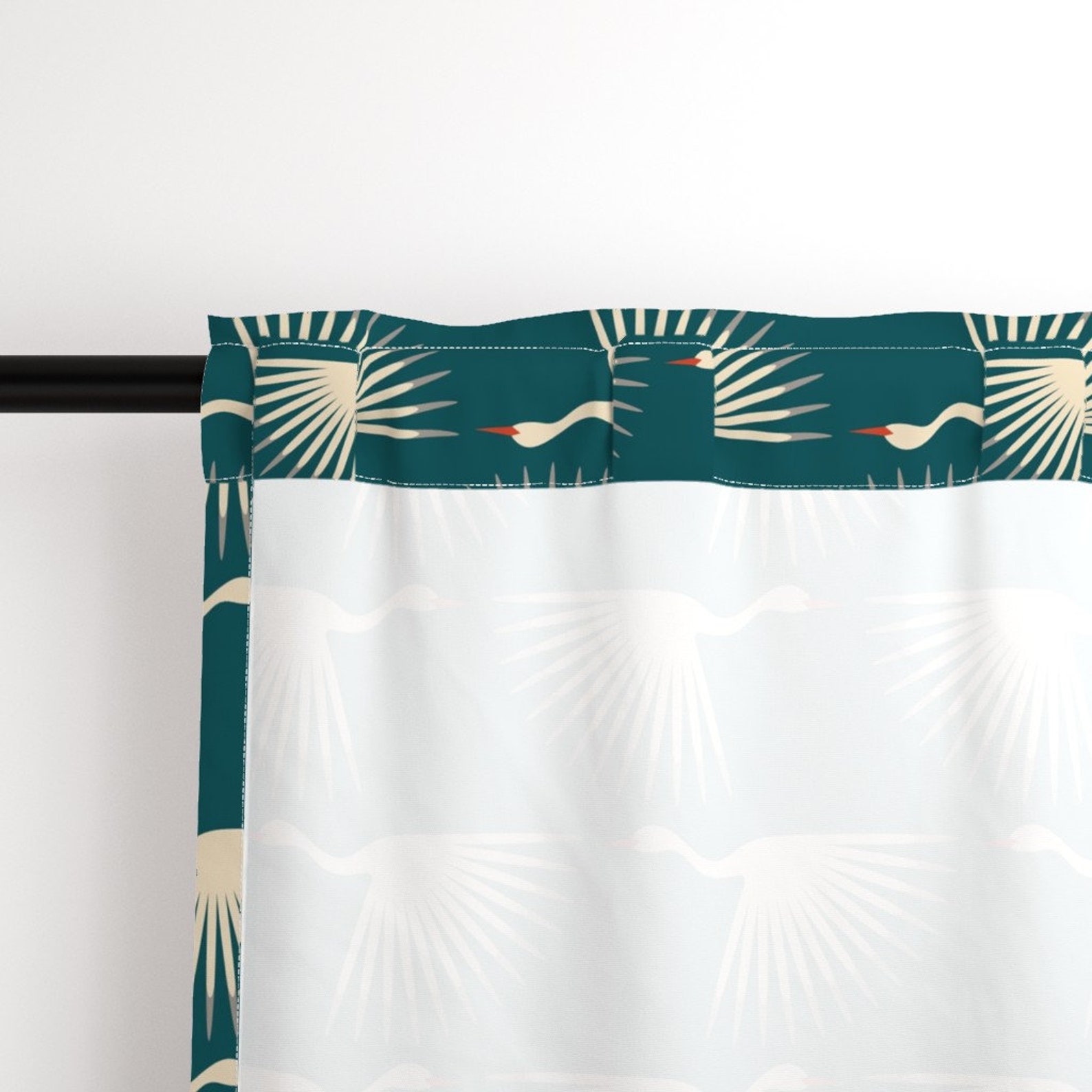 Birds Curtain Panel - Teal Art Deco Crane Fly Long Neck Wings Sunburst ...