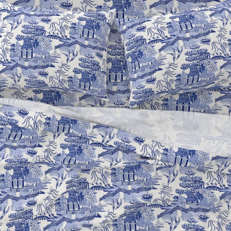 Pagoda Chinoiserie Sheets - Blue Willow by Whitneyenglish - Blue Toile ...