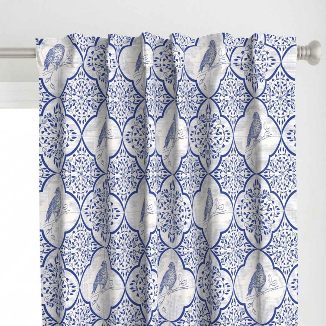 Blue Mediterranean Curtain Panel Tiles With Birds by Nendo - Etsy