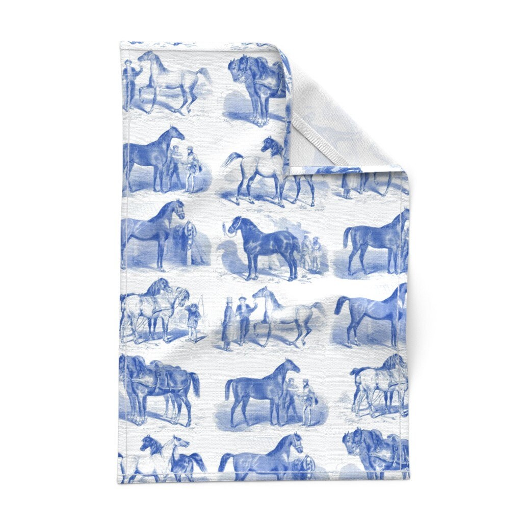 Equestrian Toile Tea Towels set of 2 Blue Horses by Ragan | Etsy