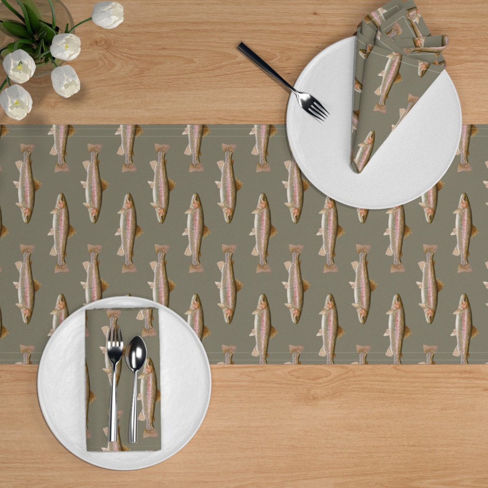 Fly Fishing Table Runner Rainbow Trout on Pewter Grey by - Etsy
