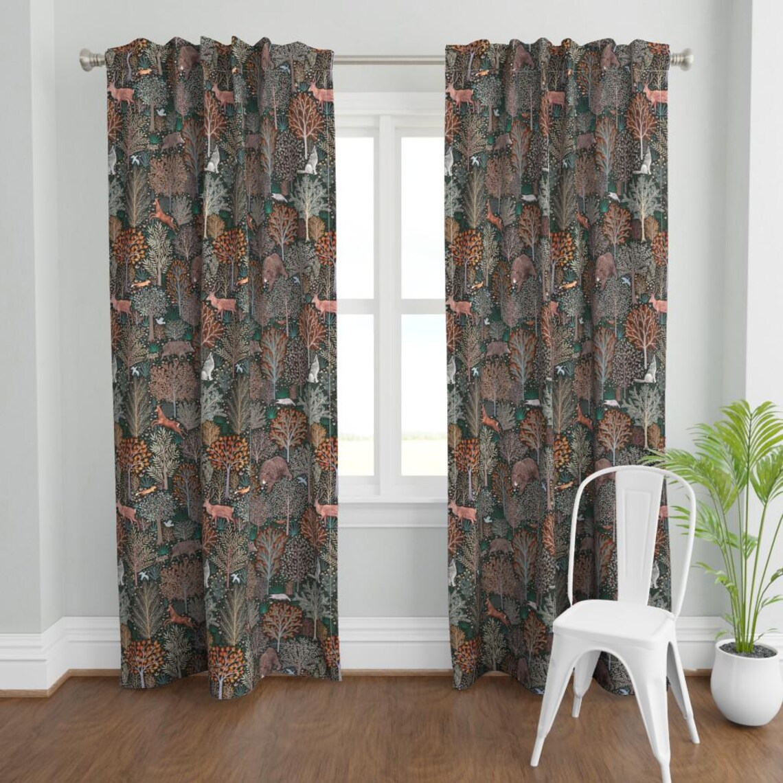 Woodland Curtain Panel - Rustic Autumn Thanksgiving Animals Leaves Pine ...