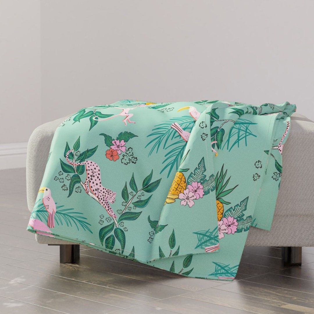 Green Jungle Throw Blanket - Jungle Toile by Vivdesign - Monkey Toucan ...