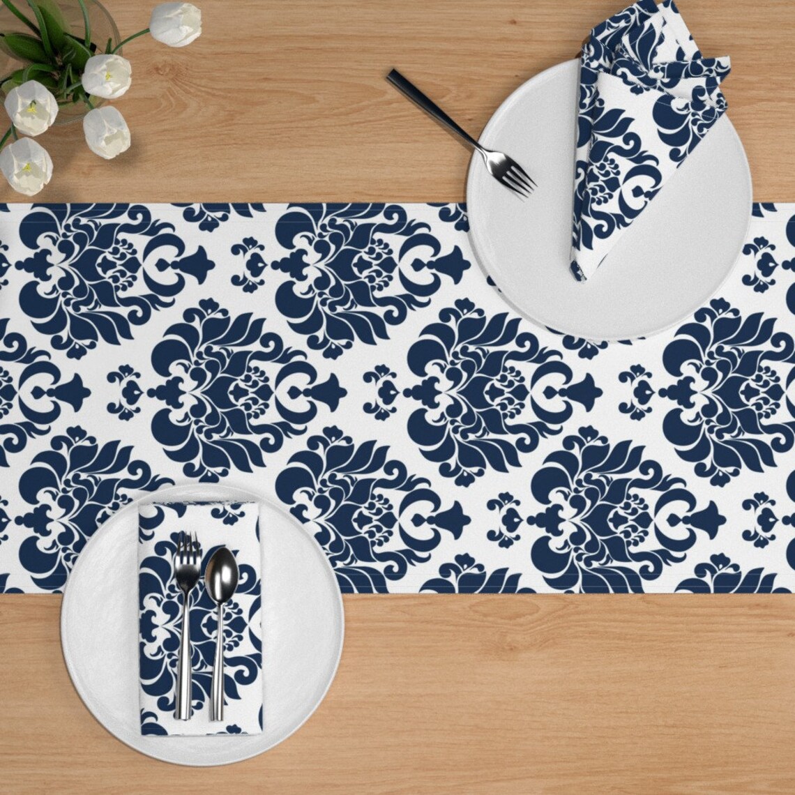 Victorian Table Runner Damask Navy by Mint_tulips Baroque - Etsy