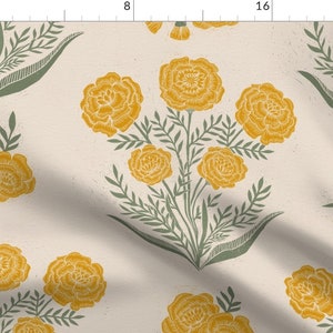 Block Print Floral Curtain Panel - Golden Marigolds by Latheandquill - Yellow Gold Mustard Gold ...