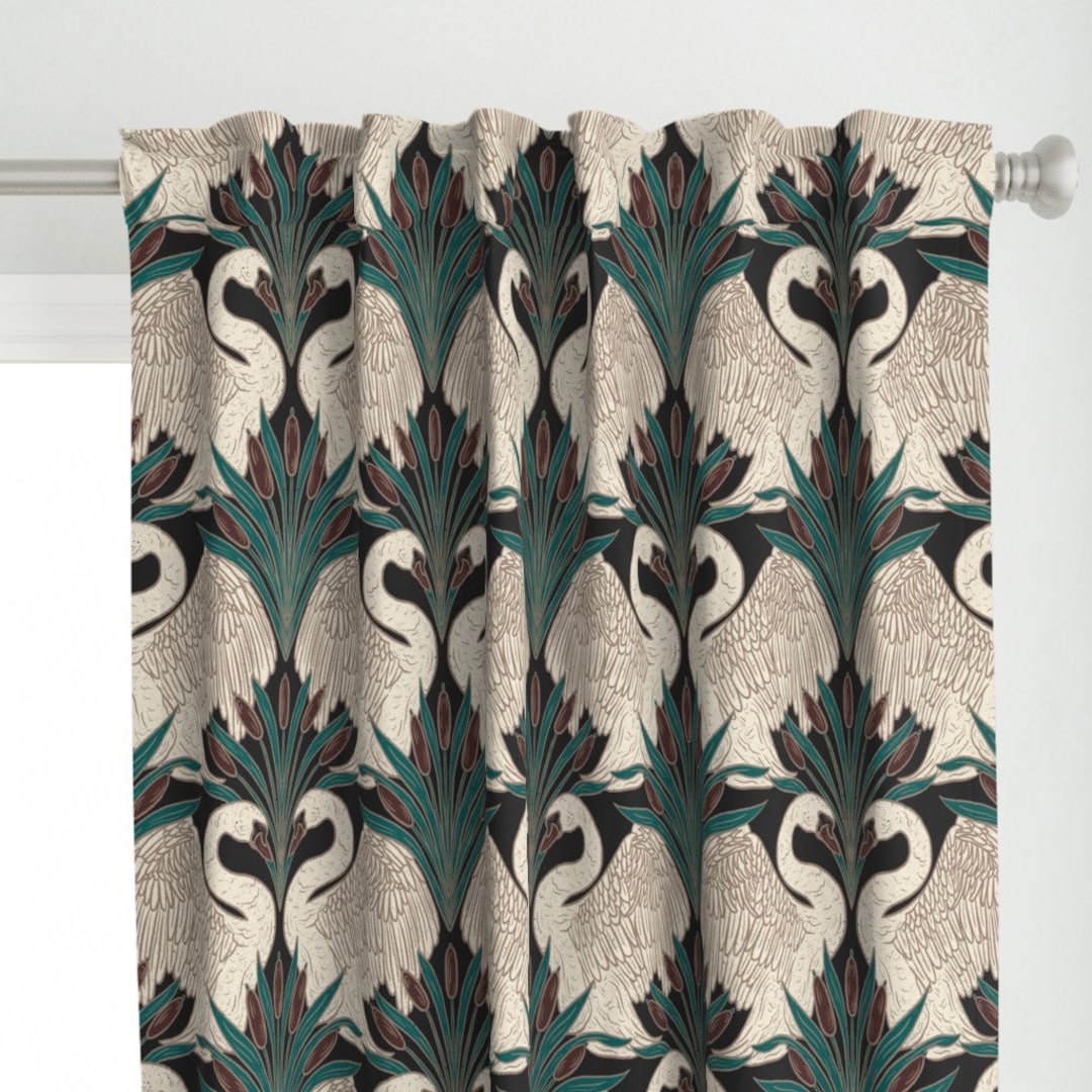 Art Nouveau Curtain Panel - Swans Vintage Block Print Neoclassical ...