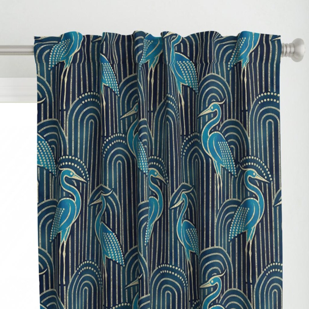 Teal Crane Curtain Panel - Bold Large Scale Art Deco Blue Birds Modern ...