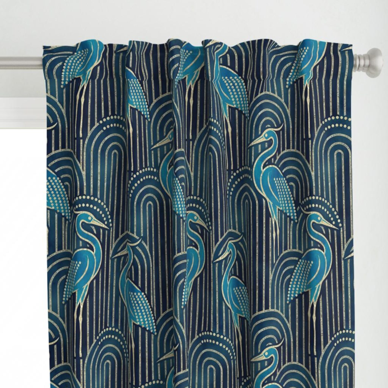 Teal Crane Curtain Panel - Bold Large Scale Art Deco Blue Birds Modern ...