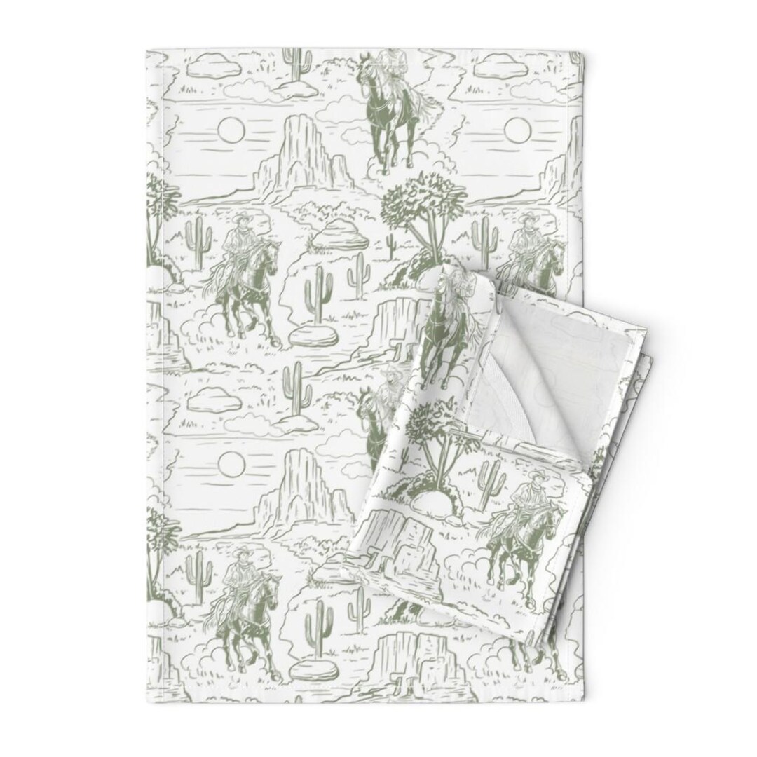 Retro Western Tea Towels Set of 2 - Vintage Cowboy Toile De Jouy Sage ...
