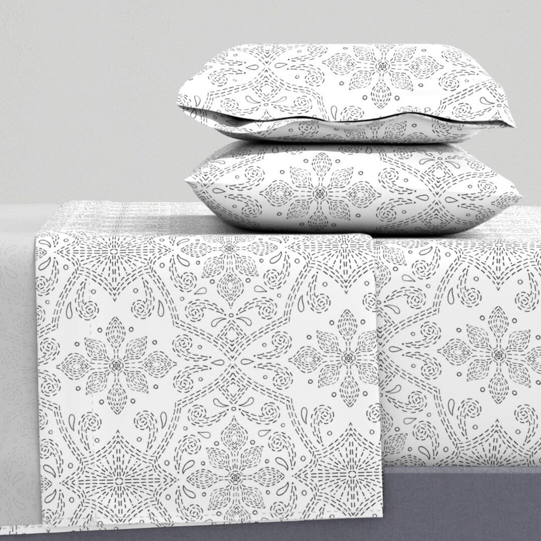 Dotted Damask Sheets - Floral Linework by Jumpingcatdesigns - Boho ...