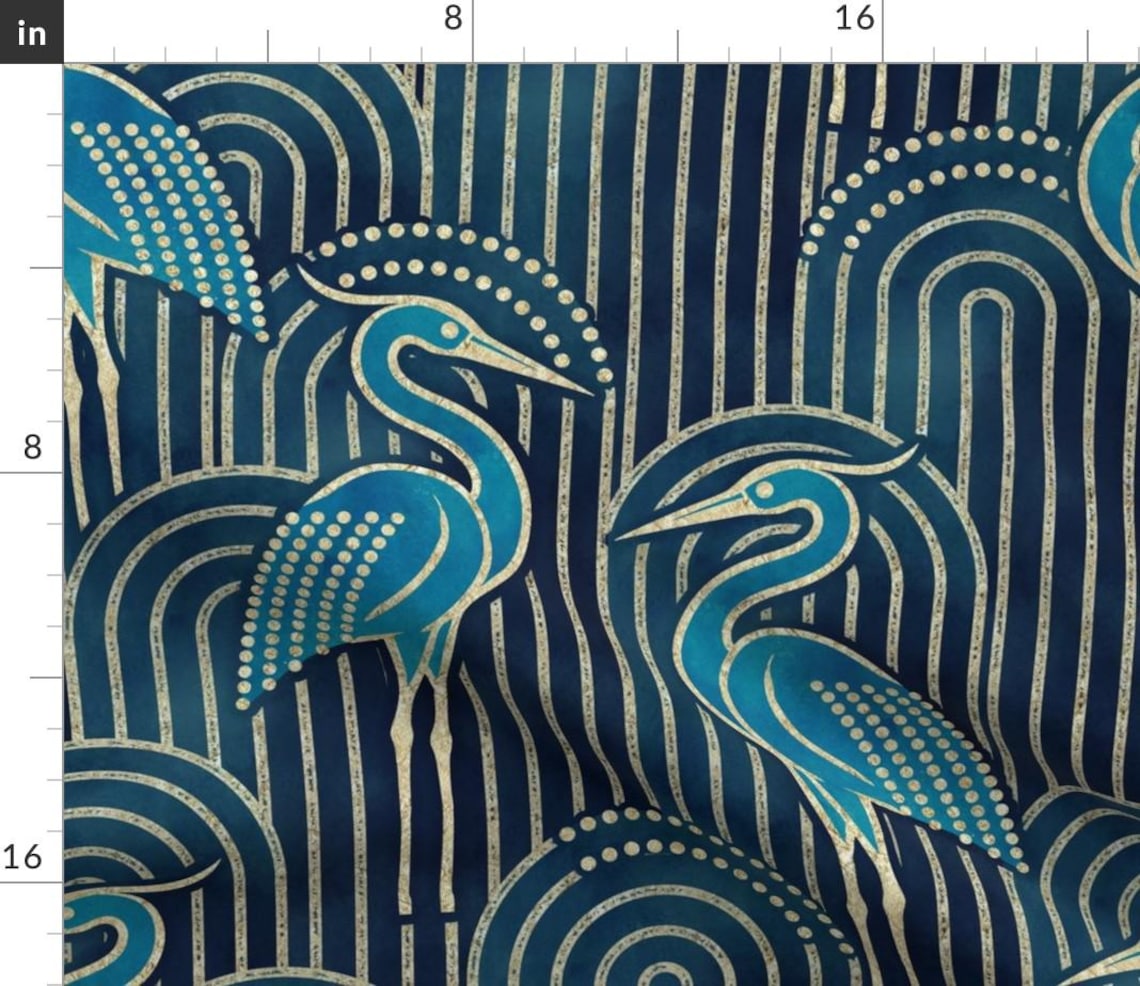 Teal Crane Curtain Panel - Bold Large Scale Art Deco Blue Birds Modern ...