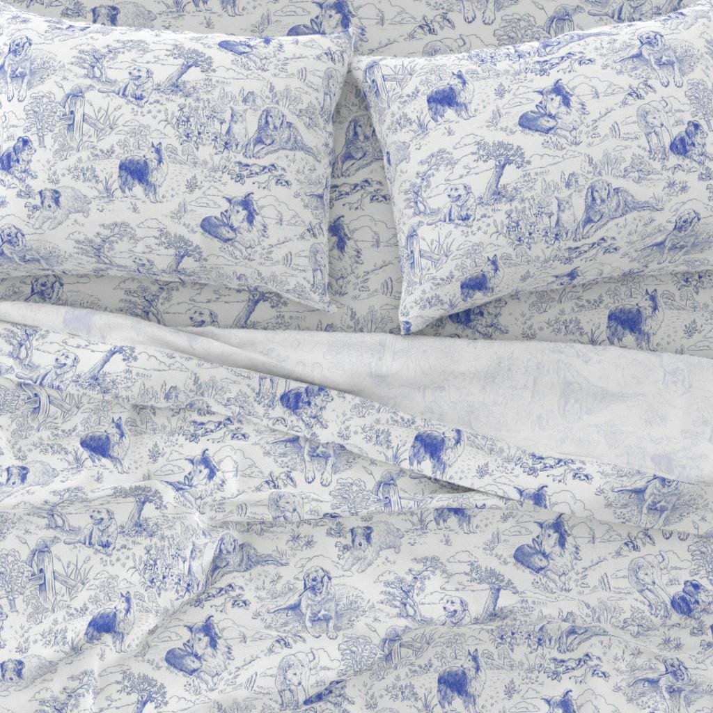 Dog Toile Du Jouy Sheets - Country Dogs Toile by Vinpauld - Blue on ...