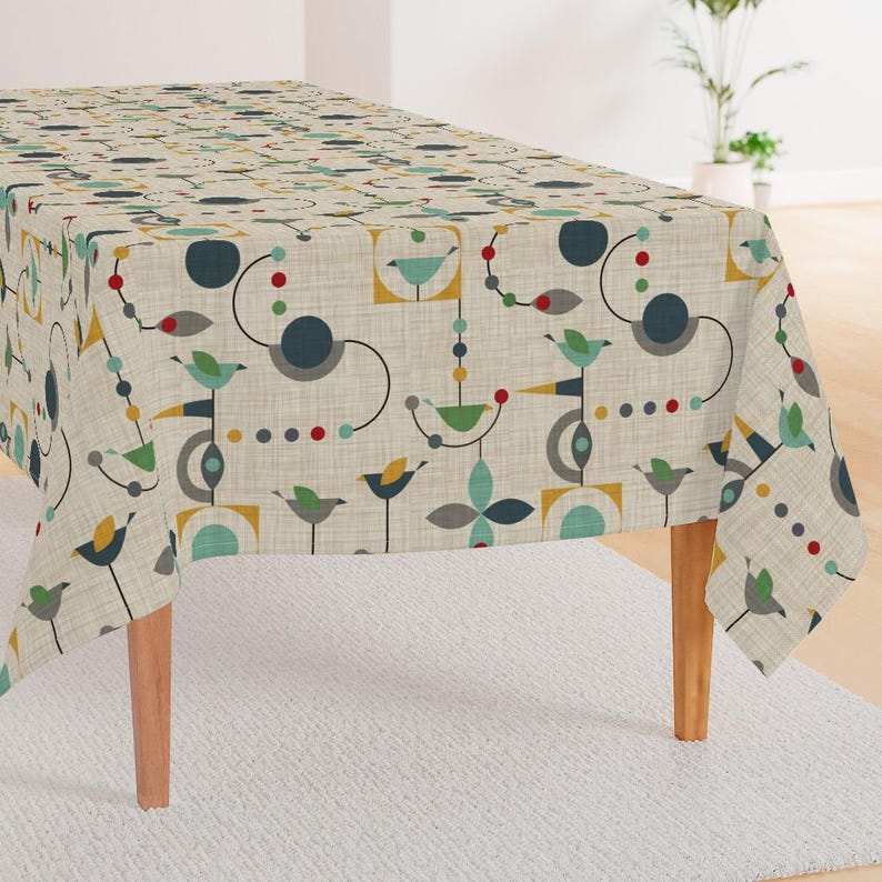 Mid Century Modern Tablecloth - Birdland in Green by Virginiao - Retro ...