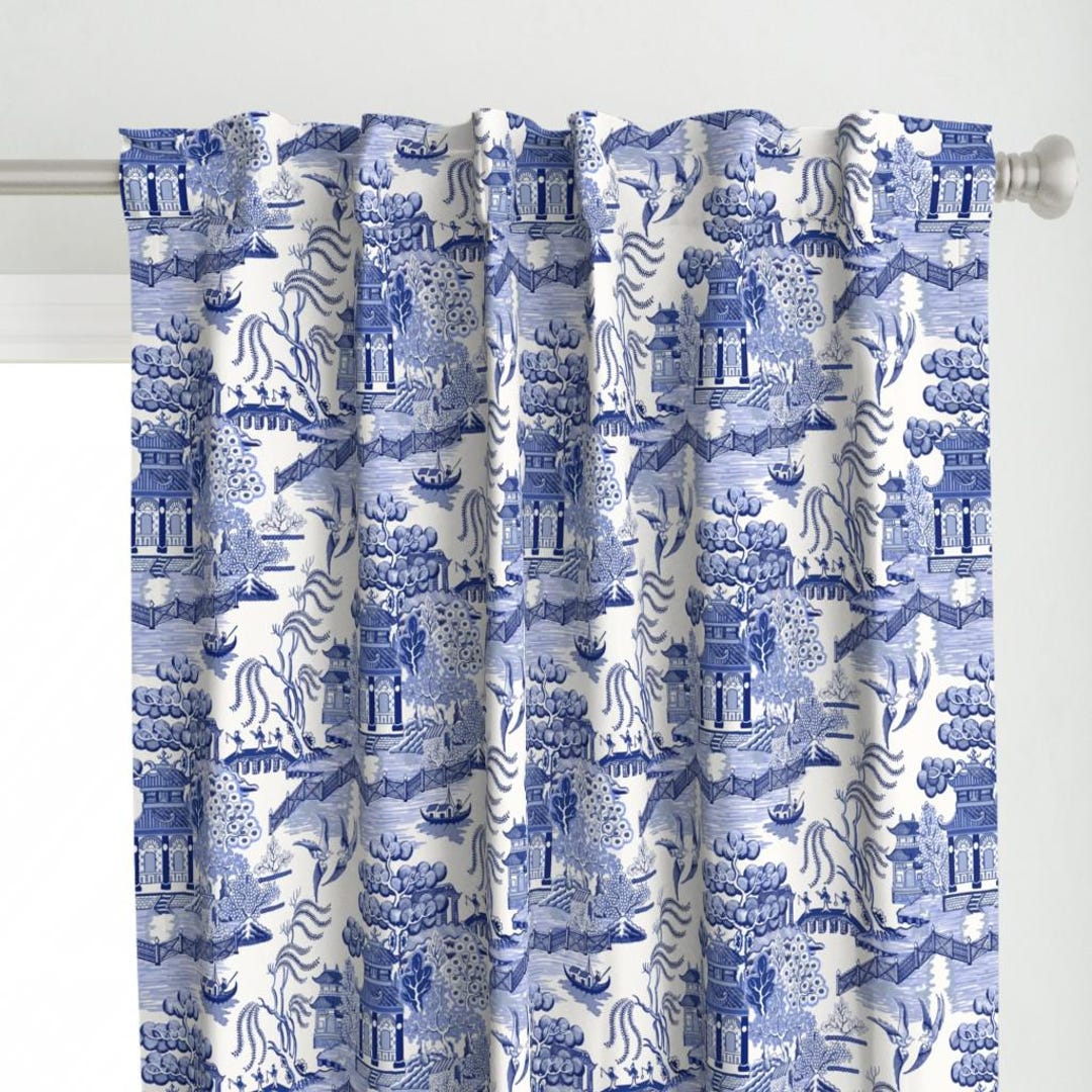 Pagoda Chinoiserie Curtain Panel - Blue Toile Chinese Botanical Garden ...