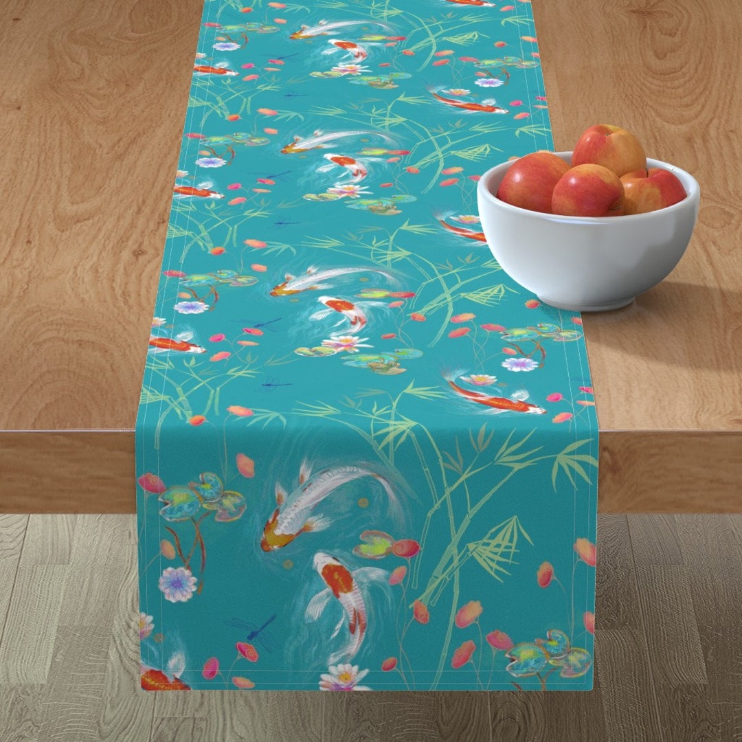 Koi Fish Table Runner Japanese Water Garden Teal by - Etsy
