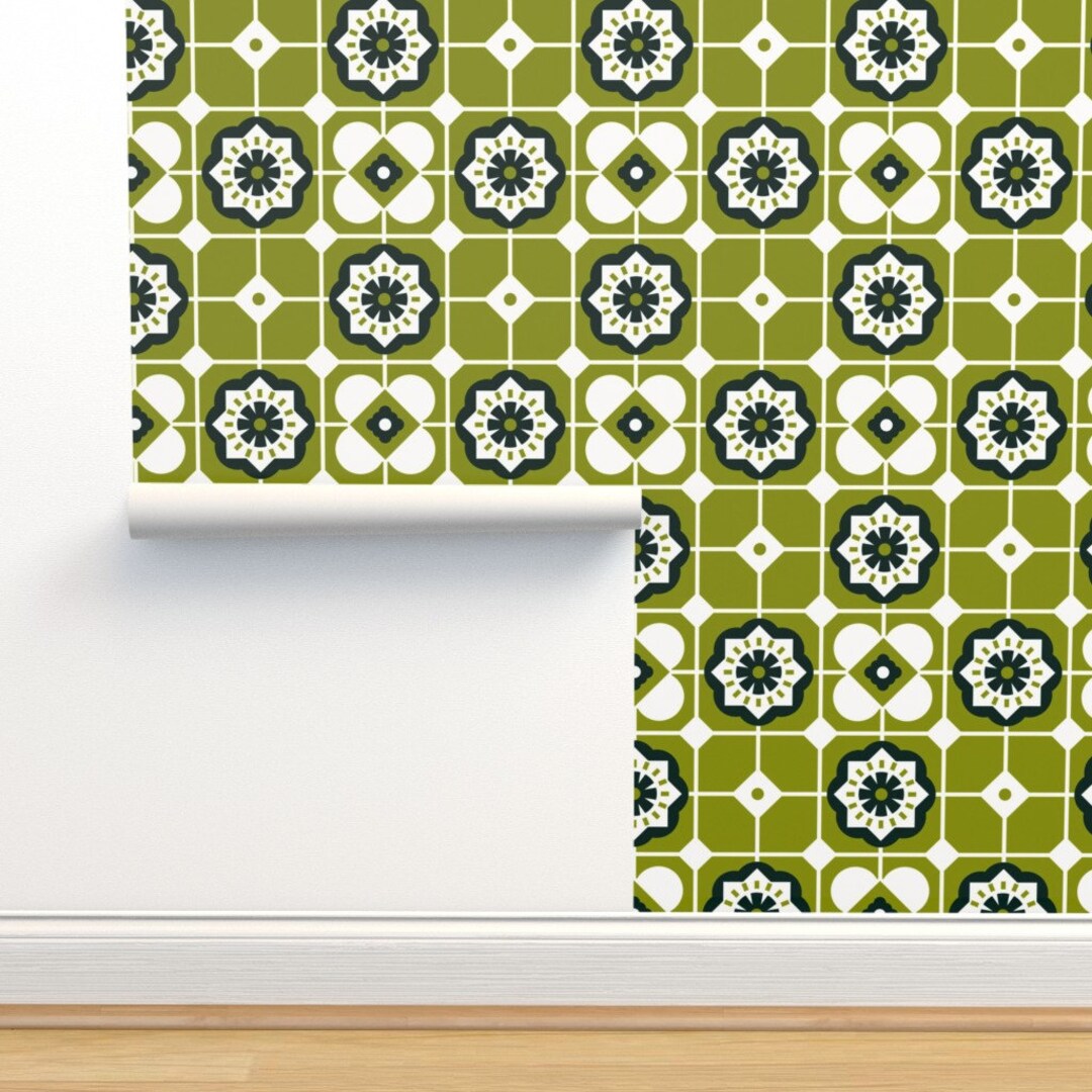 Green Retro Geo Commercial Grade Wallpaper Mid Century Tiles by ...