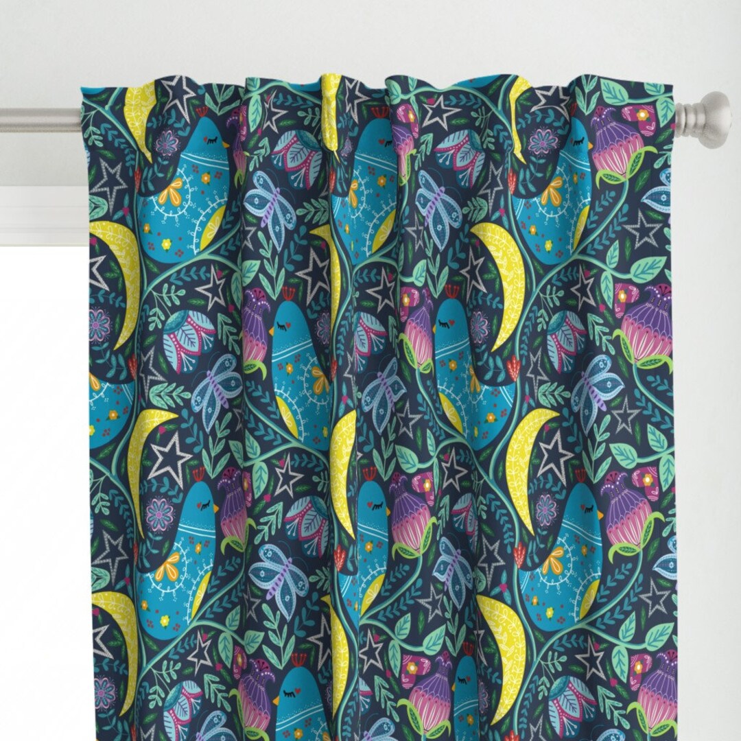 Night Botanical Curtain Panel Moonlit Garden by Northstarstudio Whimsical Birds Kids Room ...