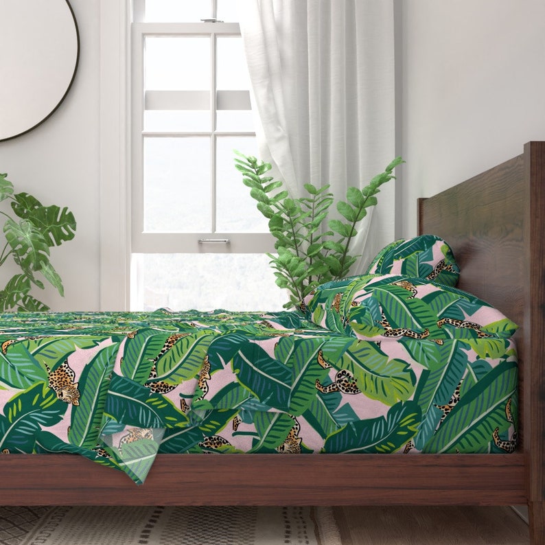 Jungle Sheets Cheetah & Tropical Leaves on Pink by Shopcabin | Etsy