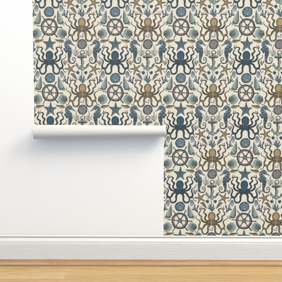 Vintage Nautical Non-pasted Wallpaper Blue and Cream Ocean Life Sea ...