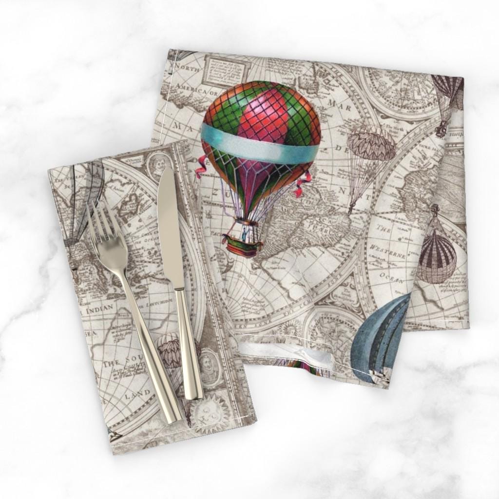 Hot Air Balloons Dinner Napkins Set of 2 - Steampunk Vintage Map ...