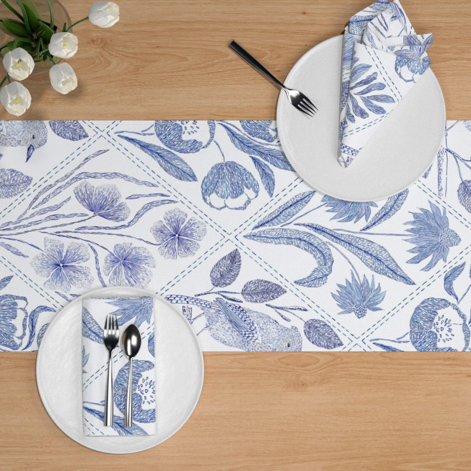 Blue Table Runner Floral Toile by Denesannadesign Flowers - Etsy