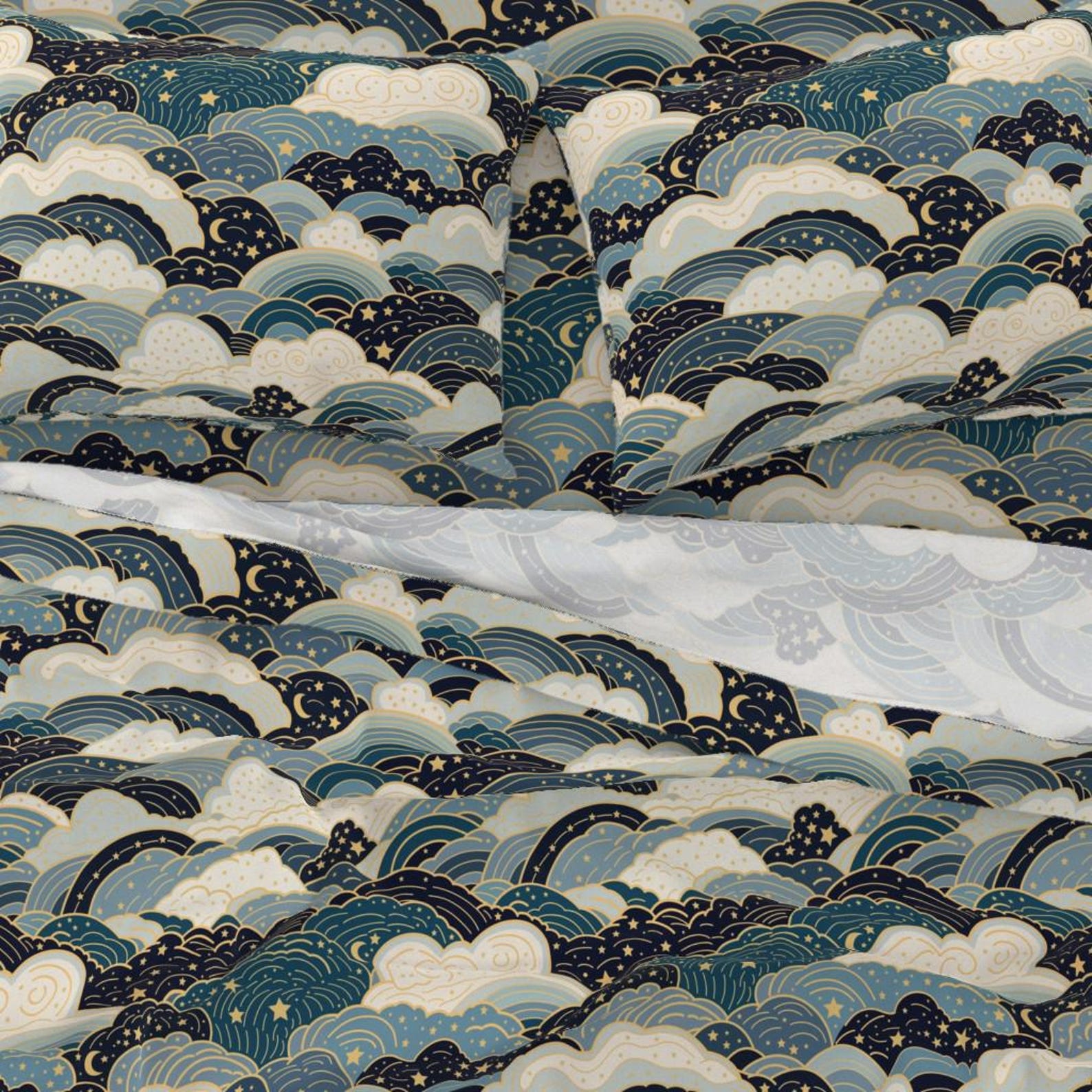 Night Sky Sheets - Clouds and Stars by Misodart - Blue Yellow Sleepy ...