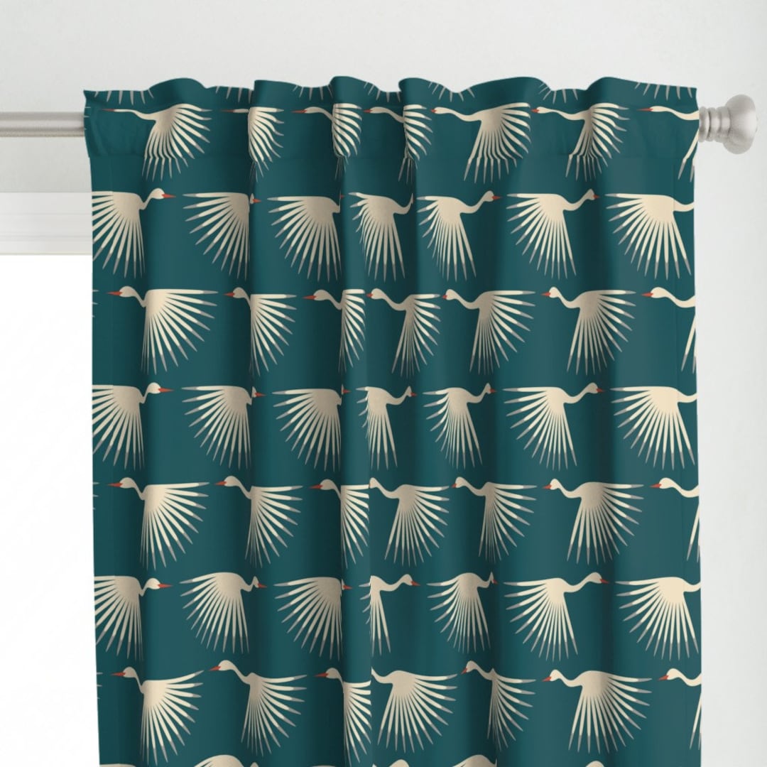 Birds Curtain Panel - Teal Art Deco Crane Fly Long Neck Wings Sunburst ...