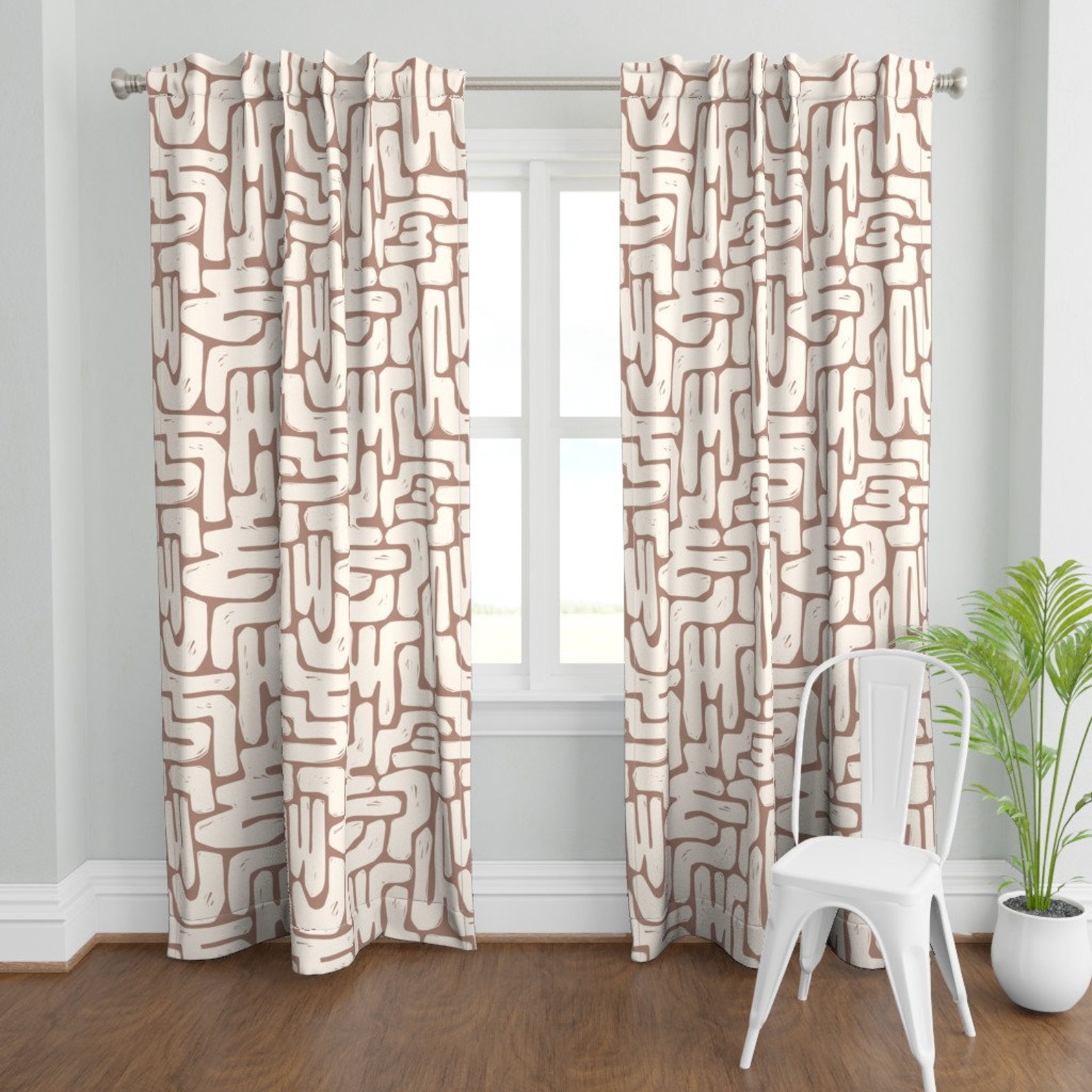 Earth Tone Abstract Curtain Panel - Geometric Brown Pink Ivory Bold ...