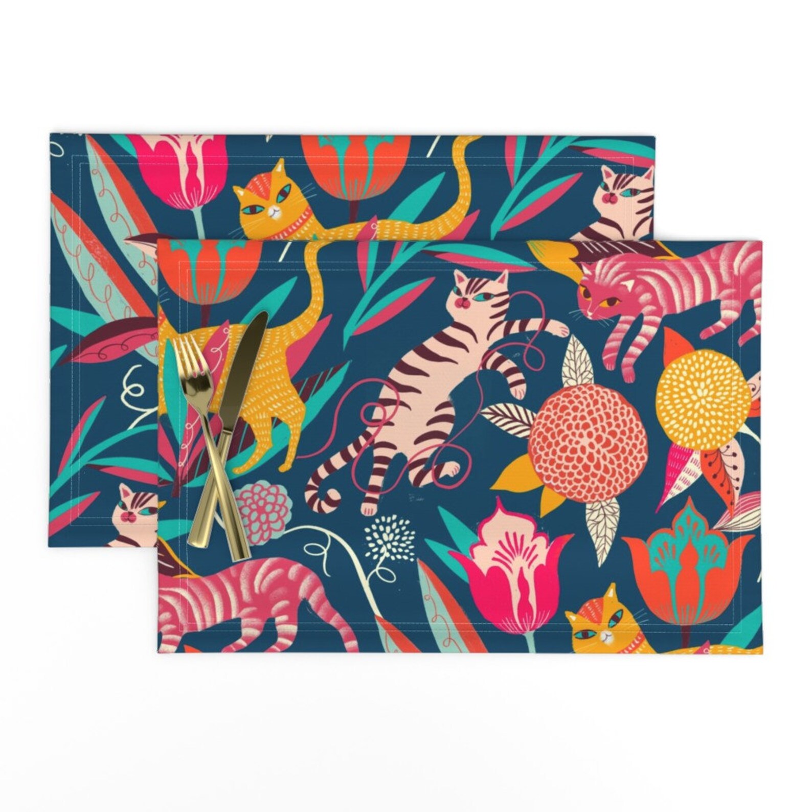 Flowers Placemats set of 2 Bright Cats and Flowers Medium - Etsy