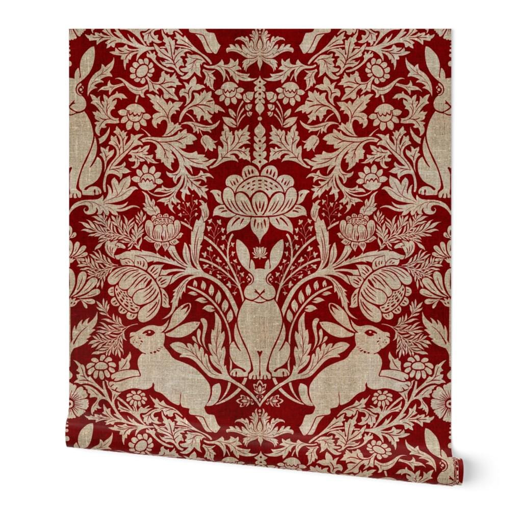 Victorian Damask Non-pasted Wallpaper Medieval Deep Red Beige - Rabbit ...