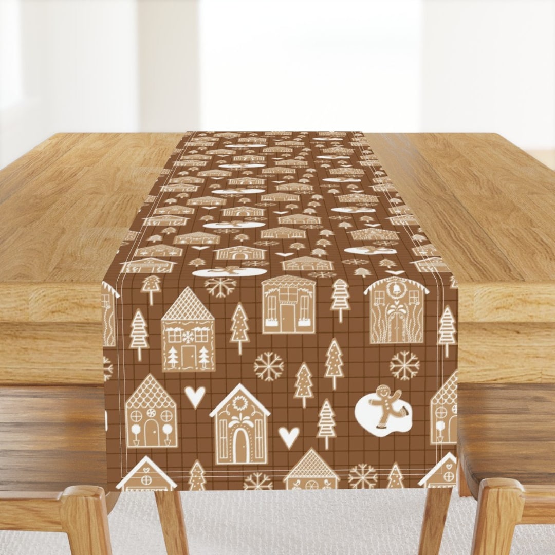 Gingerbread Table Runner - Cookies Christmas Seasonal Brown Baking Snowflake Cotton Sateen Table ...