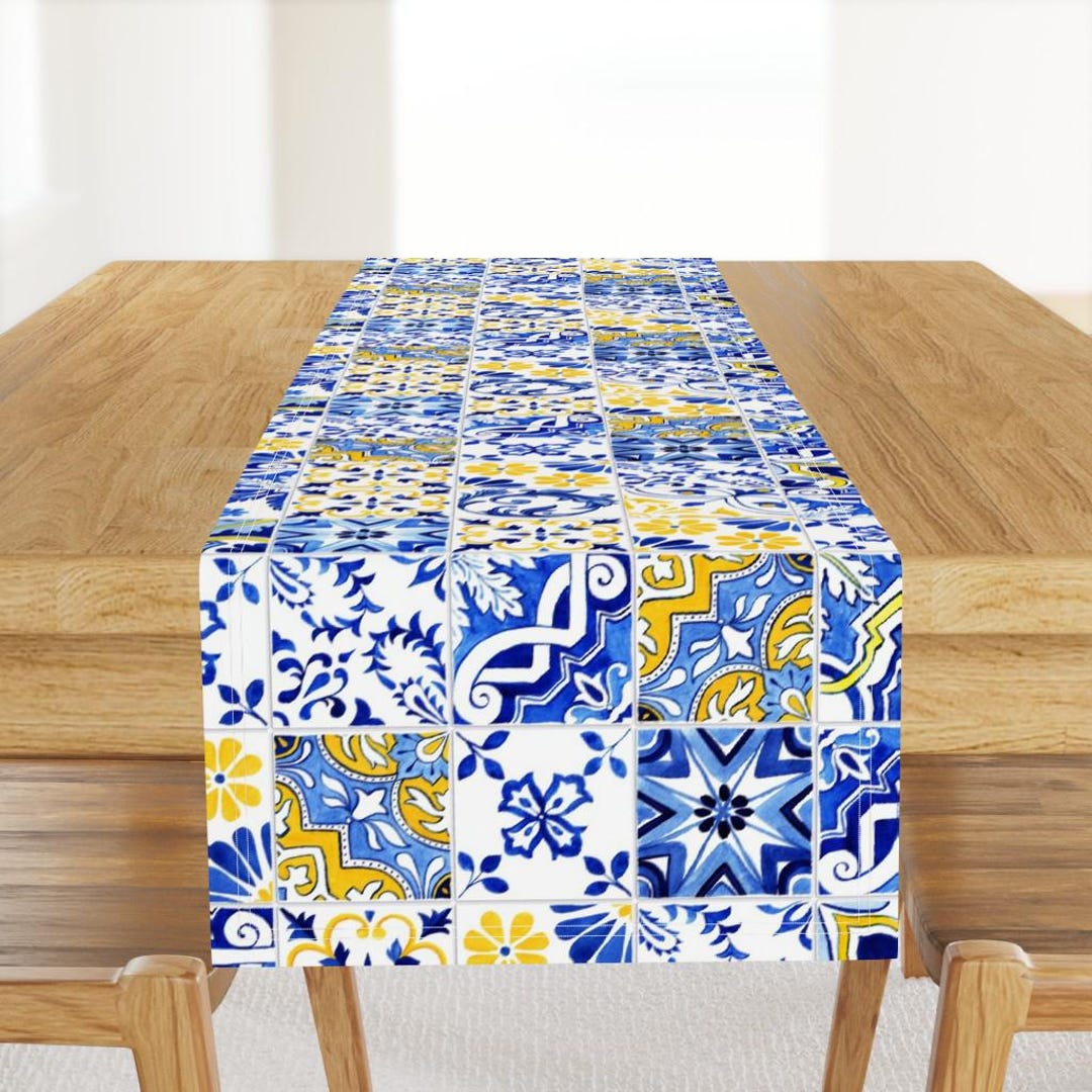 Spanish Tile Table Runner - Detailed Azulejos by Ilonitta - Cobalt Blue ...