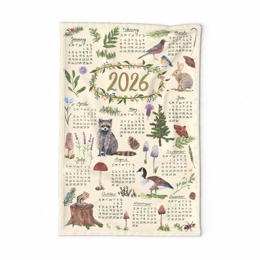 2026 Calendar Tea Towel - 2026 Calendar by Dasbrooklyn - Woodland ...