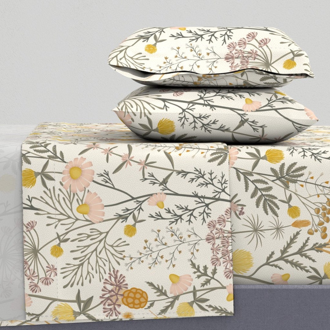 Cottage Garden Sheets Botanical Weeds by Garabateo Pastel Mustard Gold ...