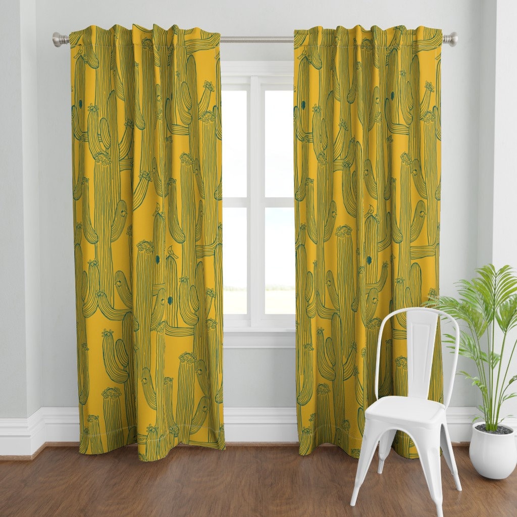 Mustard Gold Cactus Curtain Panel - Boho Desert Botanical Saguaro Cacti ...