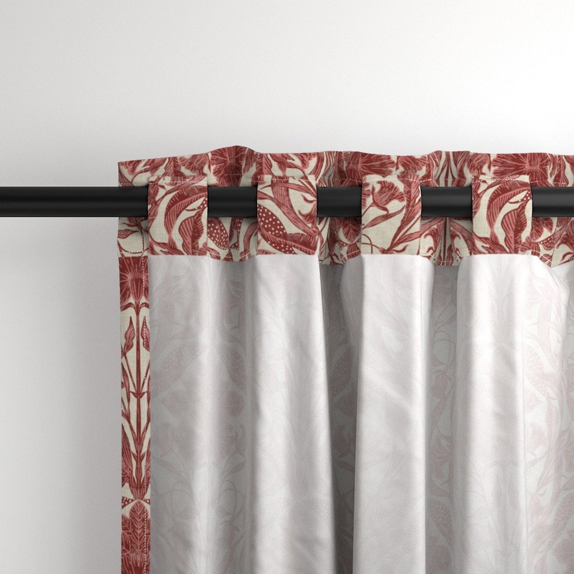 Ruby Red Floral Curtain Panel - Block Print Traditional Folk Art Damask ...
