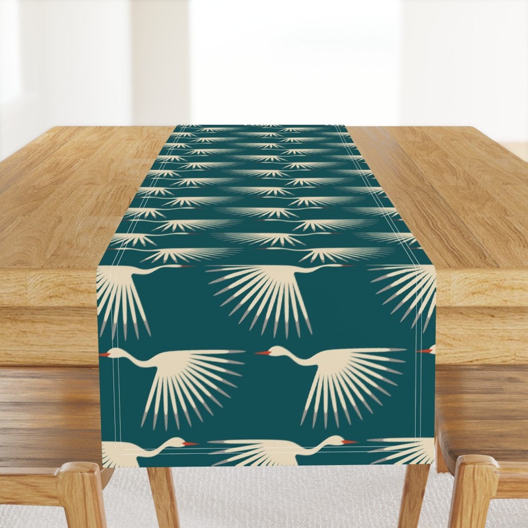Birds Table Runner - Art Deco Cranes by Katerhees - Teal Art Deco Crane ...
