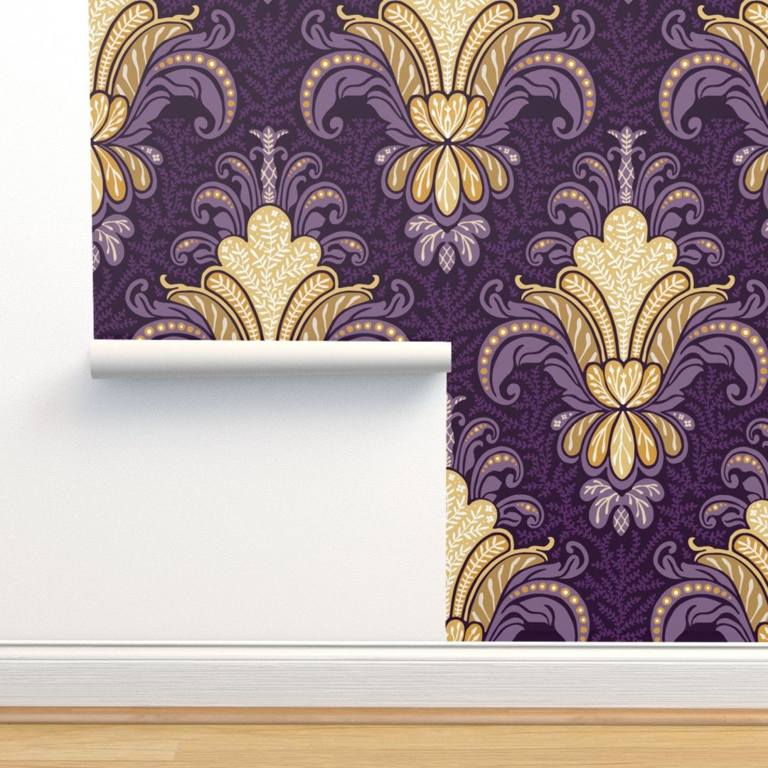 Large Scale Damask Non-pasted Wallpaper - Folk Boxwood Damask by ...