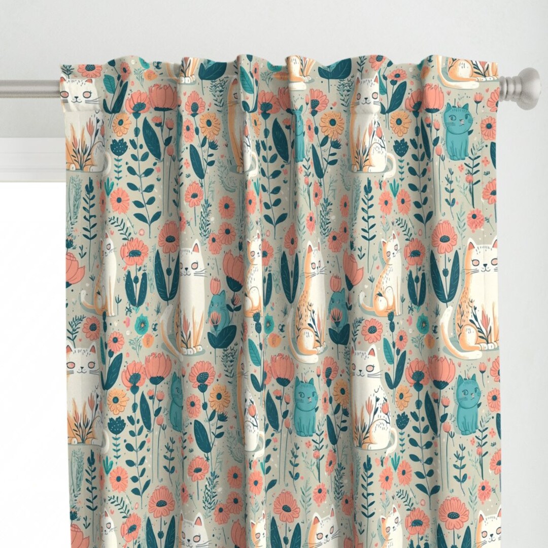 Whimsical Cats Curtain Panel Cats and Flowers by Nickleen Wildflower ...