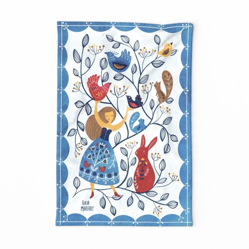 Folk Art Tea Towel Woodland Animals by Jeneta Woodland - Etsy