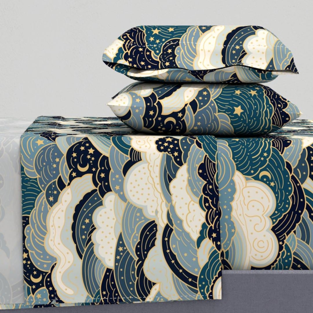 Night Sky Sheets - Clouds and Stars by Misodart - Blue Yellow Sleepy ...