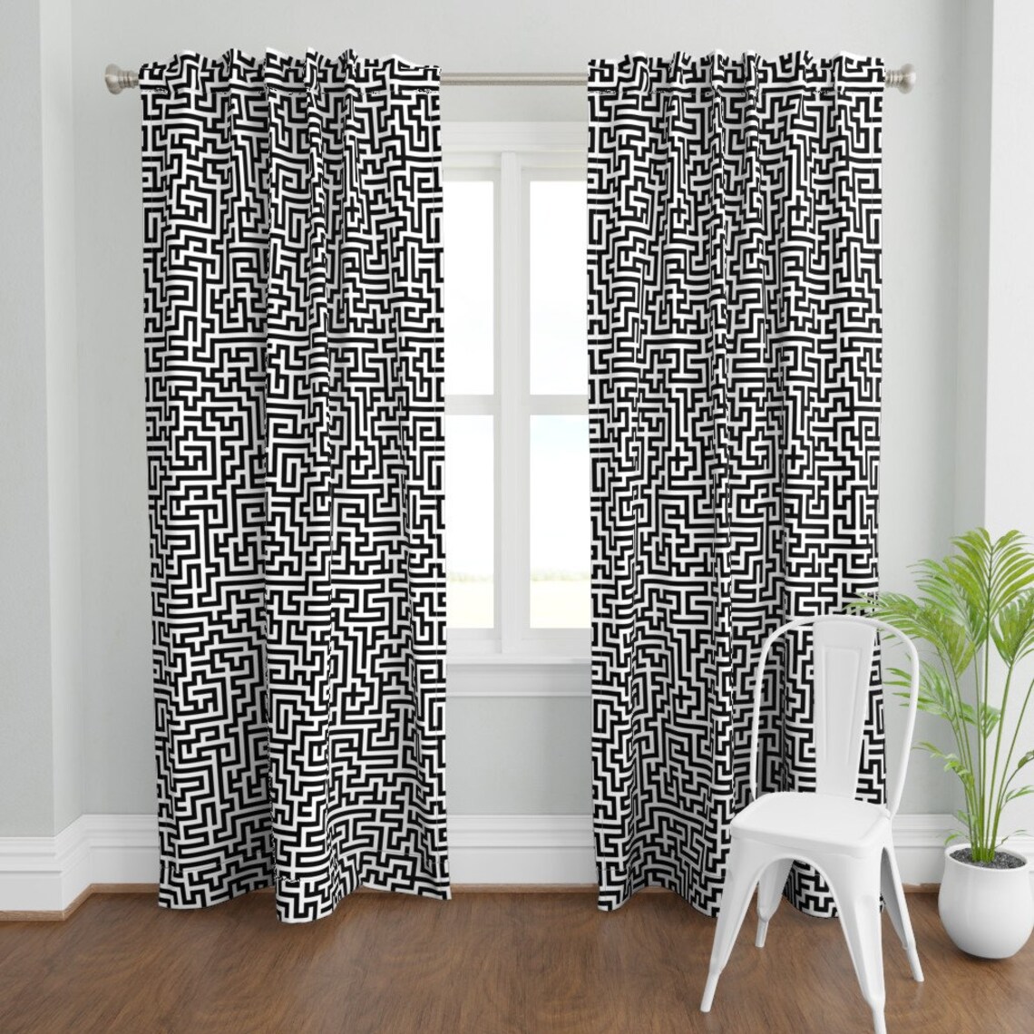 Maze Curtain Panel Labyrinth Black and White by - Etsy